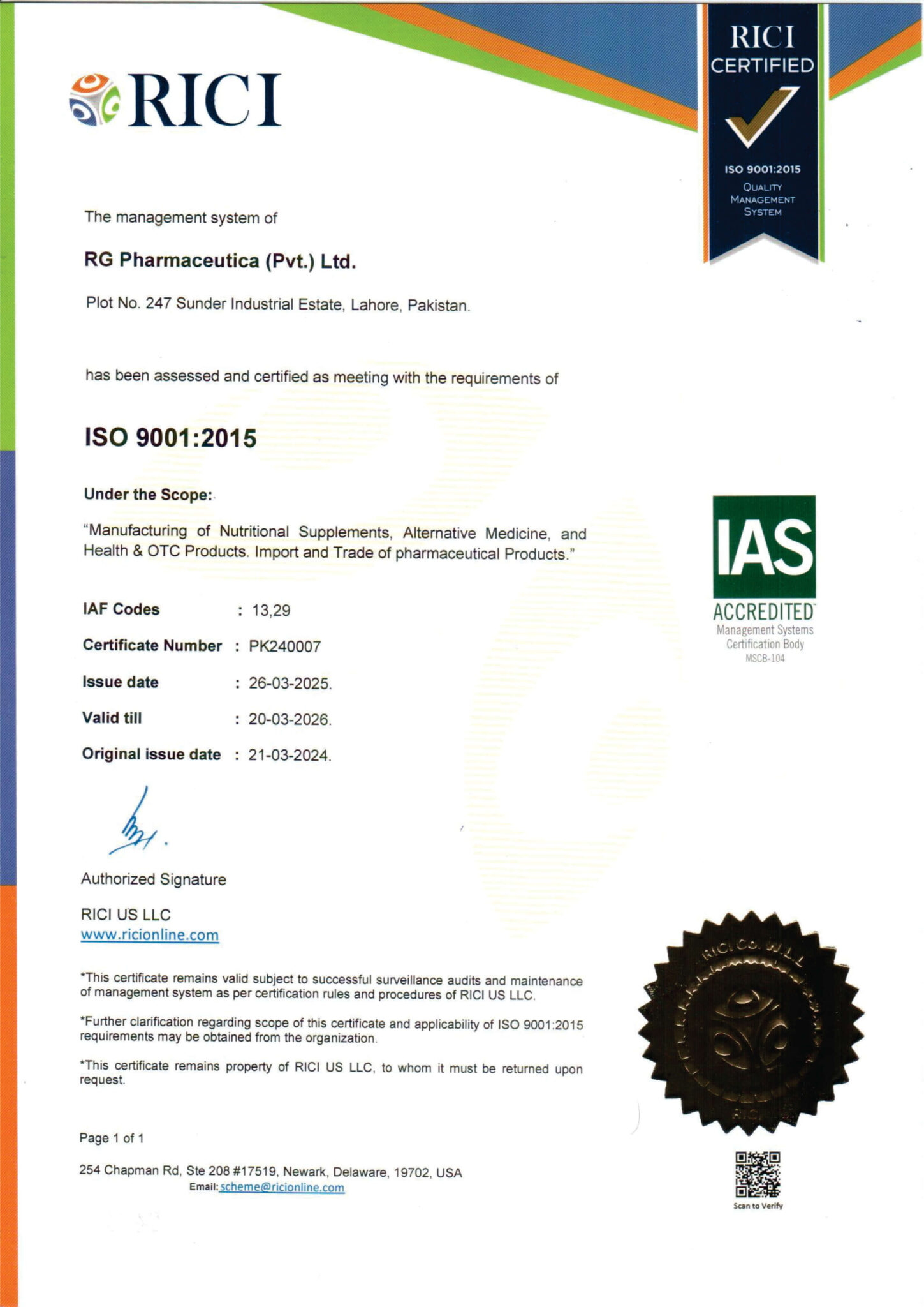Certificate ISO 9001 – RG Pharmaceutica