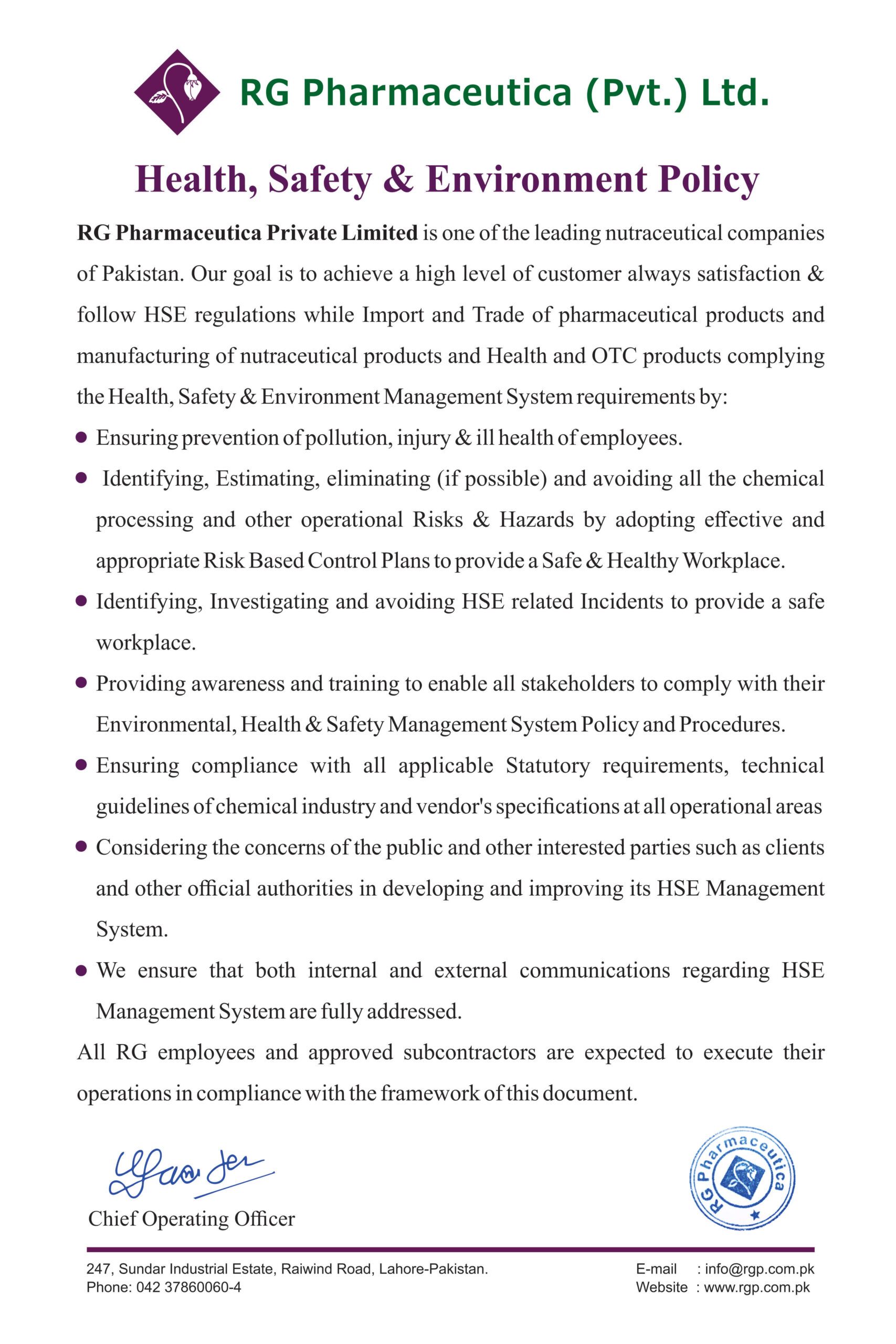Health, Safety & Environment Policy – RG Pharmaceutica